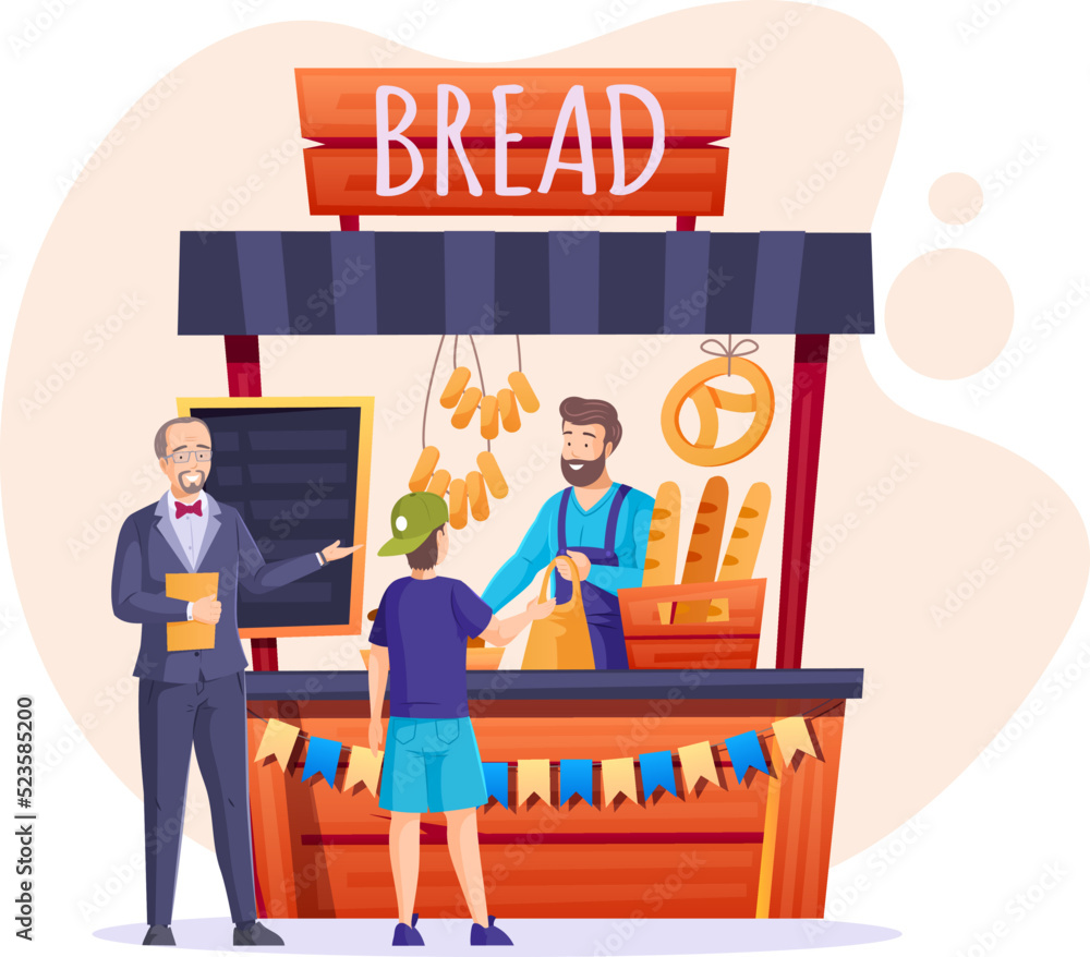 Customer buying freshly baked bread at bakery shop. Male host ...