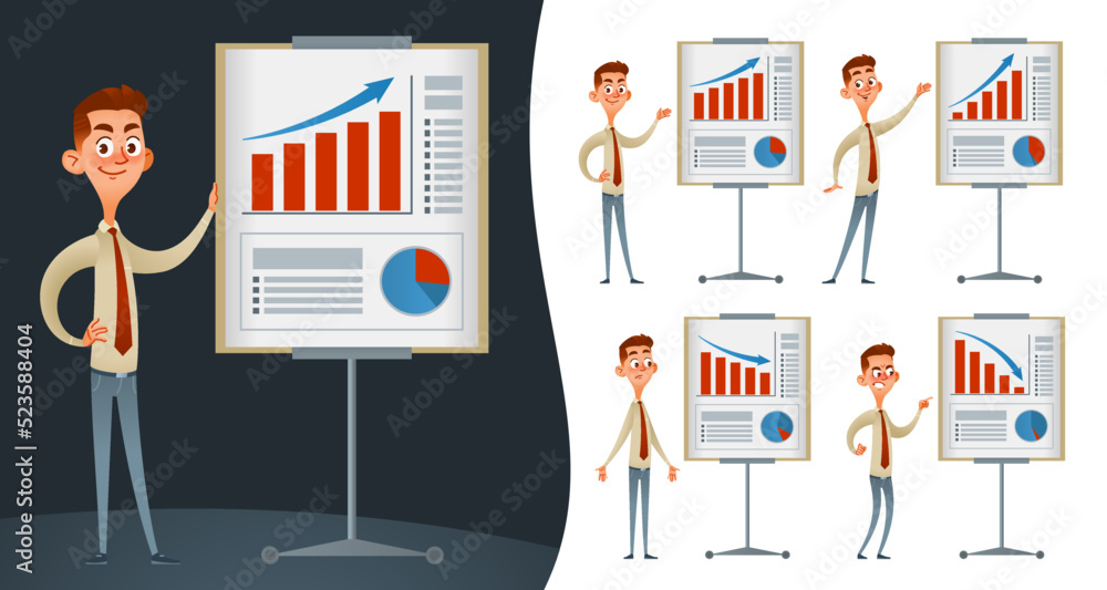 Set of funny cartoon office man showing charts at presentation with ...