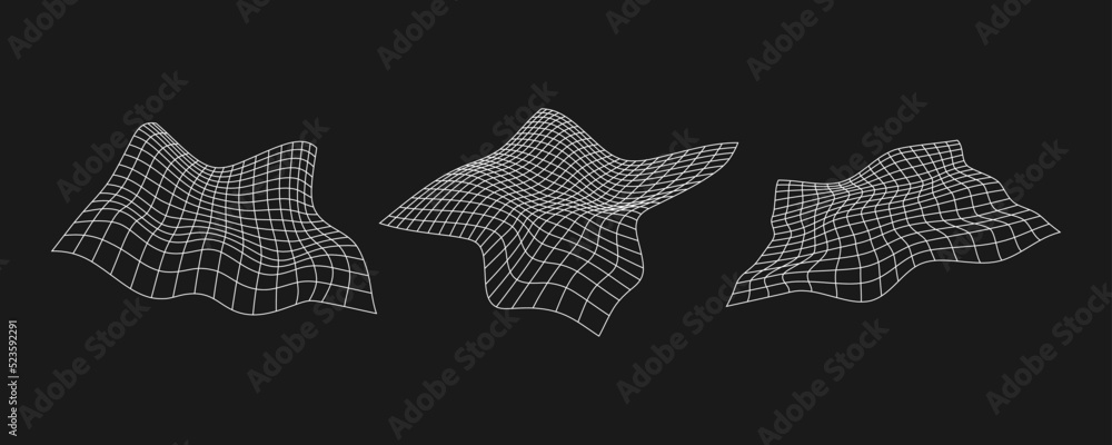 Set of cyber distorted grids, retro punk design elements. Wireframe ...