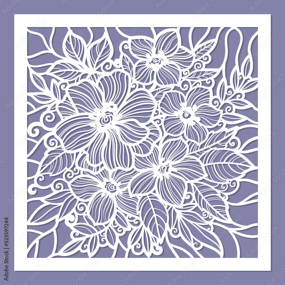 Template for laser cutting. Postcard layout with flowers. For weddinig ...