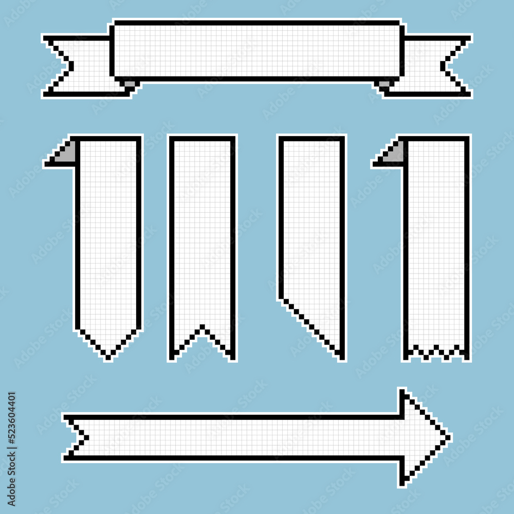 collection set of retro game 8 bit line pixel ribbon banner speech ...