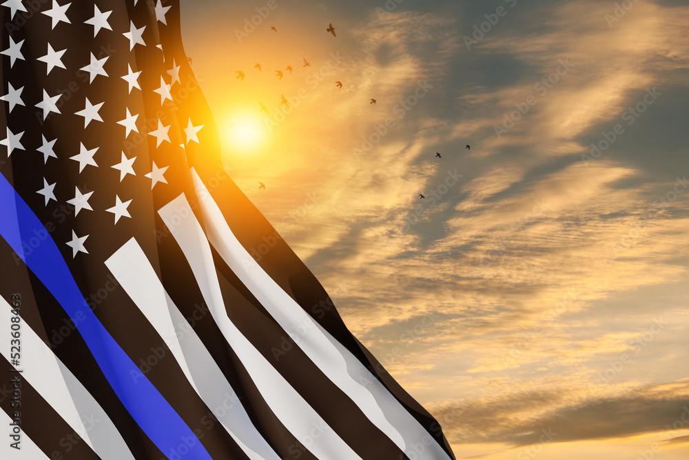American flag with police support symbol Thin blue line on sunset sky ...