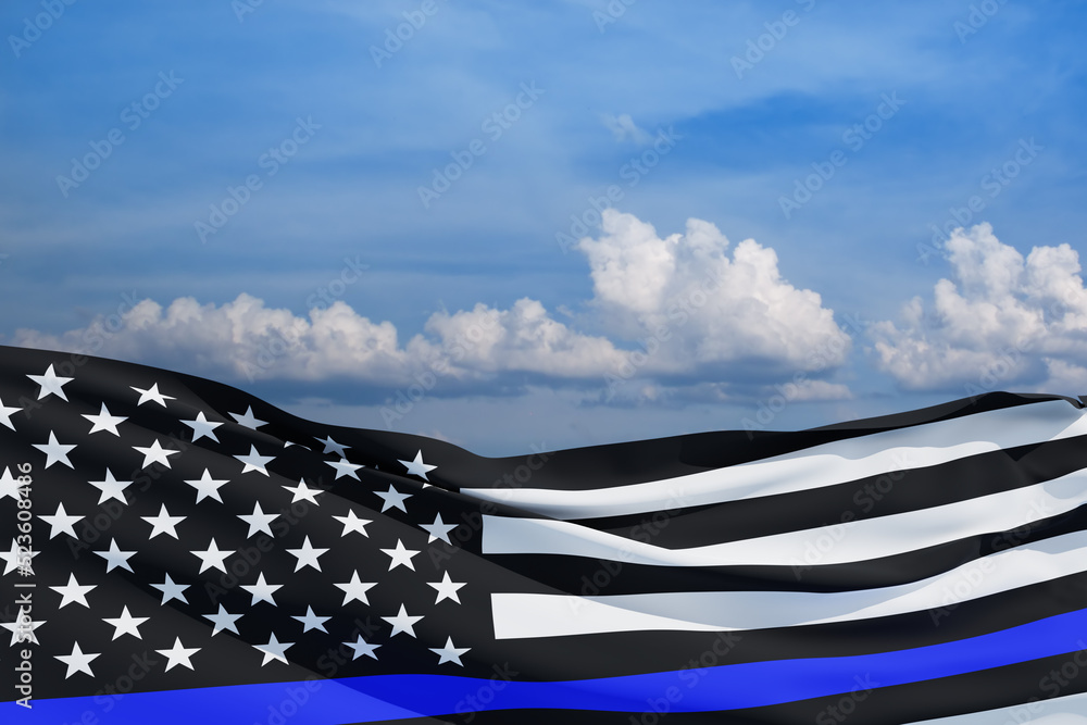 American flag with police support symbol Thin blue line on blue sky ...