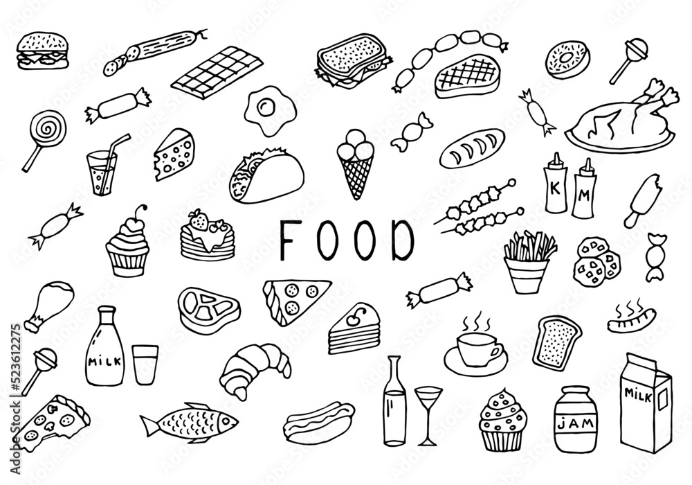 Set of various food and drinks in doodle style. Hand Drawn. Freehand ...