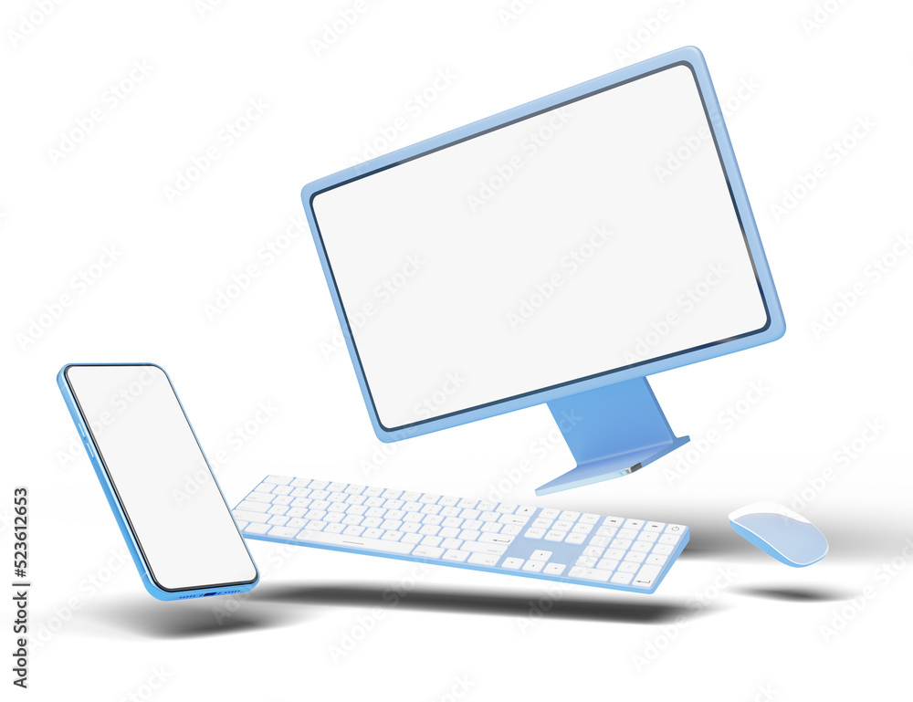 Computer monitor with wireless mouse, keyboard, phone float on blue ...