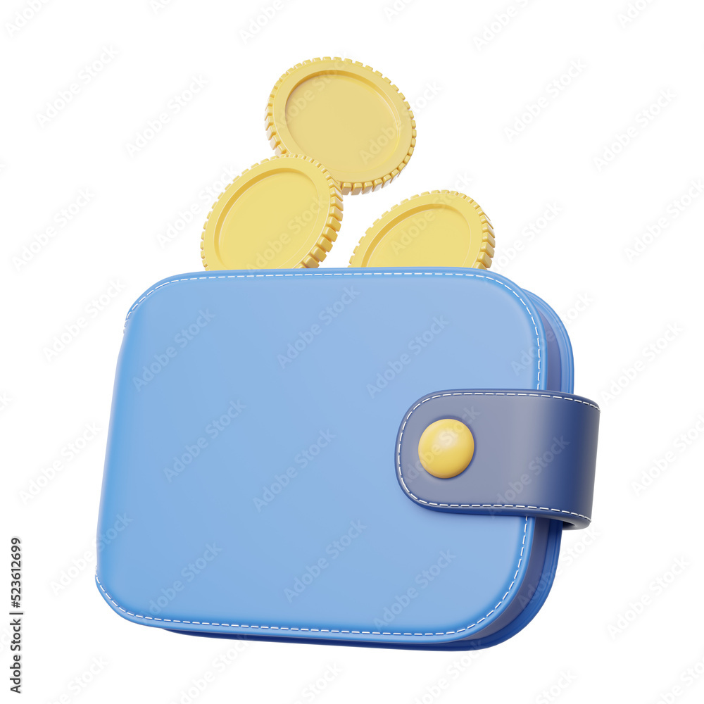 Gold coin falling into wallet floating on blue background. mobile ...