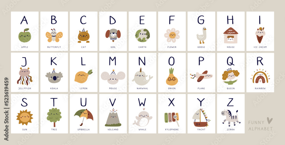 Cute alphabet poster for kids. ABC childish print with cartoon pictures ...