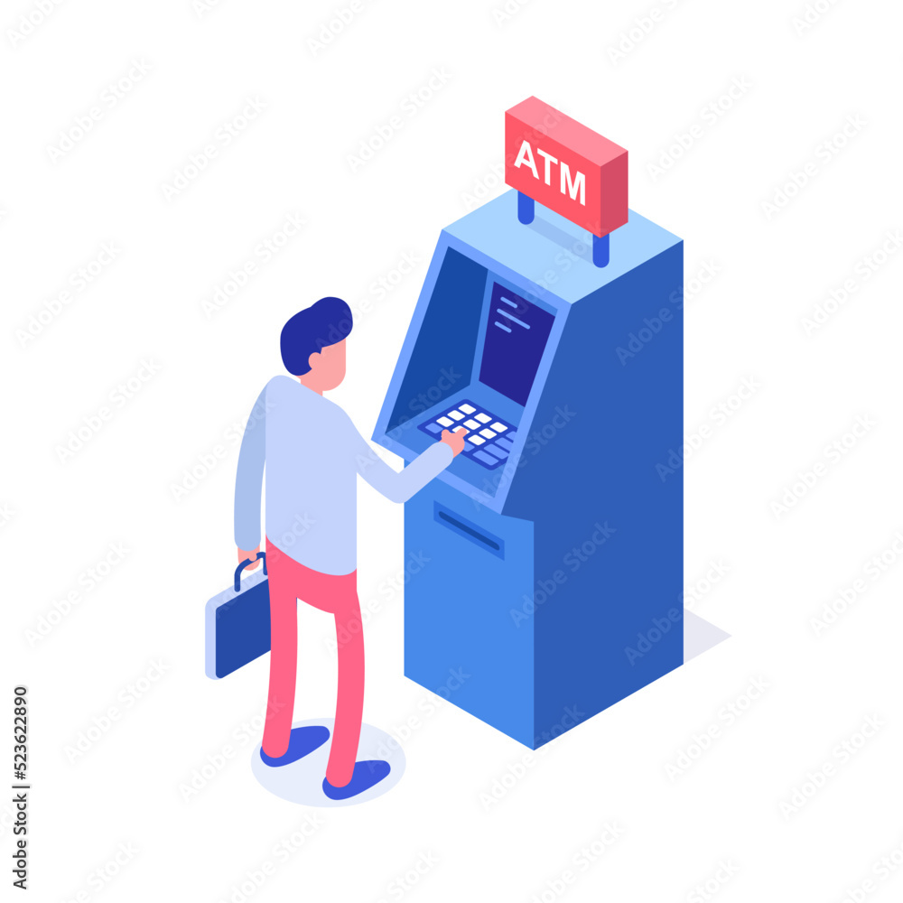 Cash withdrawal service. A man tries to use the ATM machine. Vector ...