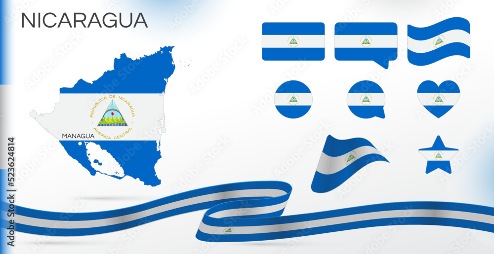 Nicaragua flags set. Various designs. Map and capital city. World ...