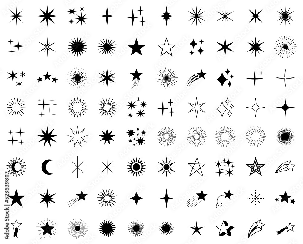 Set of Black Star, Twinkling stars, Sparkles, Shining burst. Vector stars in doodle line art ...