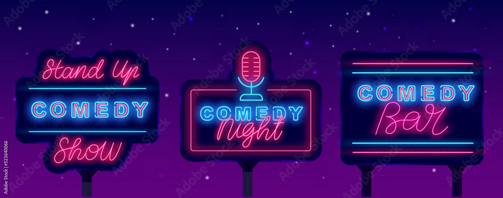 Stand up neon labels collection. Comedy bar signs set. Shiny street ...