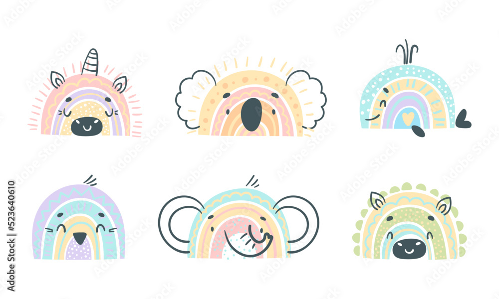 Cute Rainbow Animal for Childish Nursery Decor Vector Set Stock Vector ...