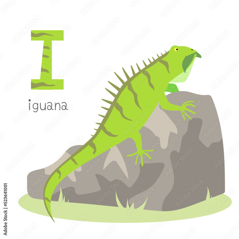 Animals alphabet. I for iguana. Flat vector illustration on white ...