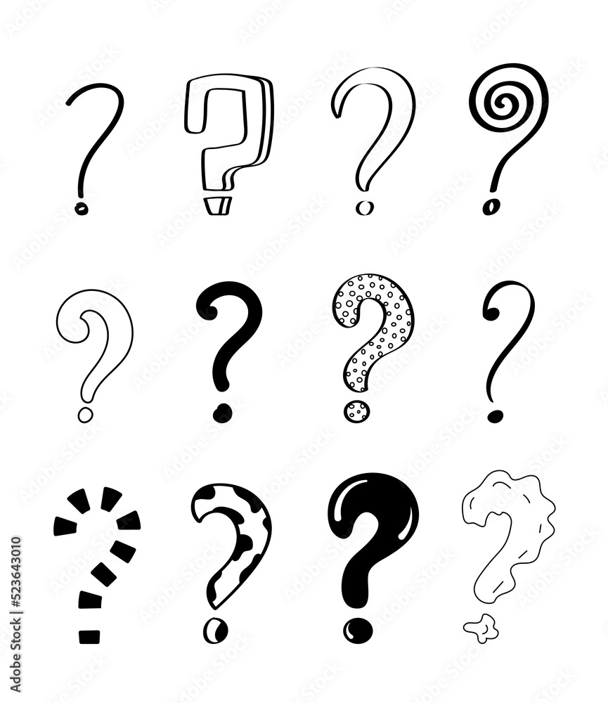 Question marks vector set. Ask signs in doodle, sketch style. Pen, inky ...