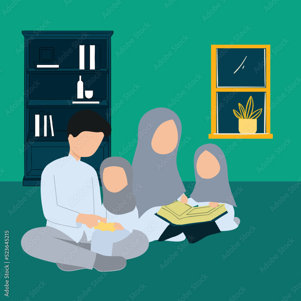 Simple Vector illustration drawing of Portrait of happy Muslim family ...