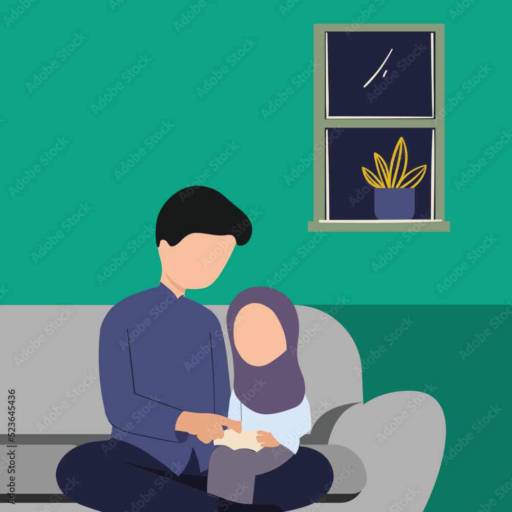 Simple Vector illustration drawing of Asian Muslim father reading Quran ...