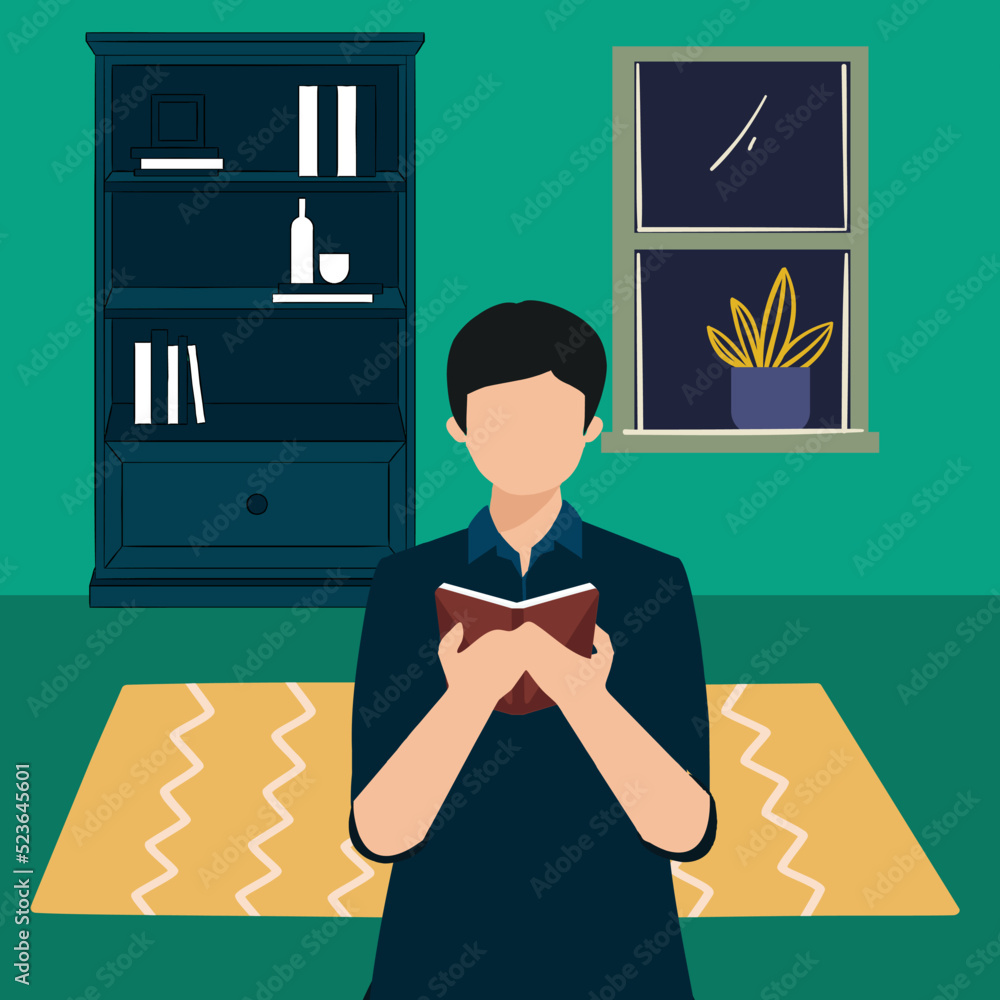 Simple Vector illustration drawing of Muslim youth read the Qur'an at ...