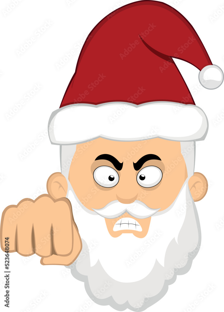 Vector illustration of the face of a cartoon santa Claus with an angry ...