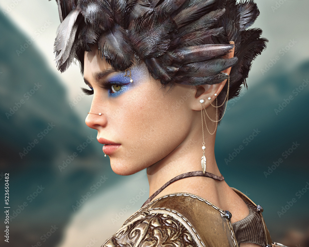 Profile portrait of a fantasy female elf wearing decorative jewelry ...