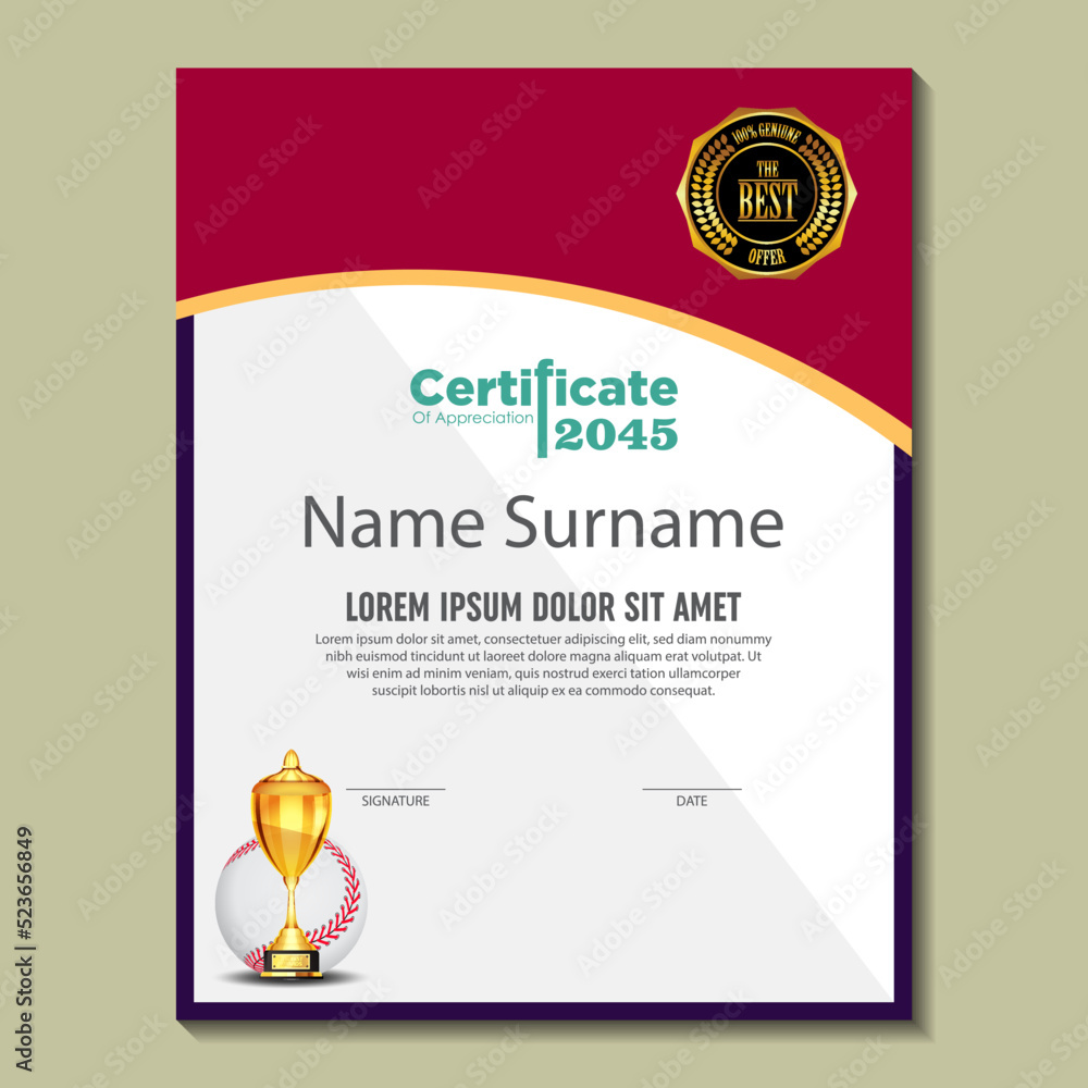 Baseball Certificate Design With Gold Cup Set Vector. baseball. Sports ...