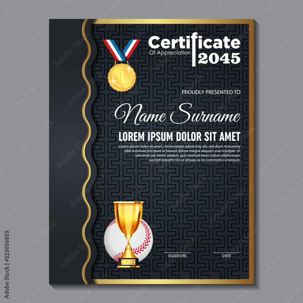 Baseball Certificate Design With Gold Cup Set Vector. baseball. Sports ...