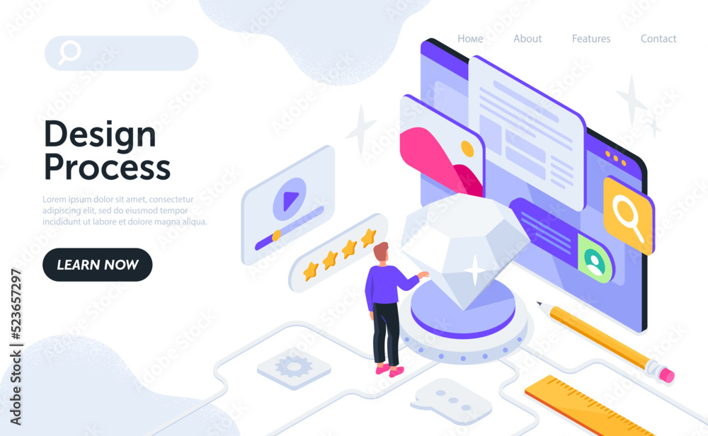 Scene for creation of quality design. Young man works in program and ...