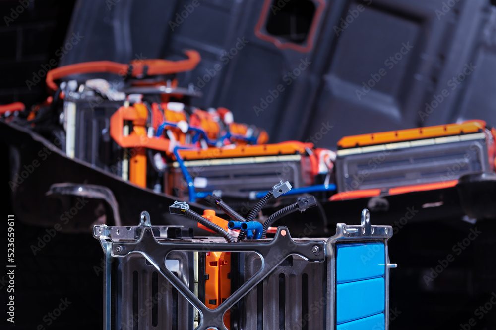 Electric car lithium power cell with power connections in front of ...