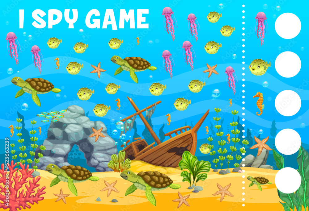 Underwater landscape with sea animals, I spy game worksheet. Vector ...