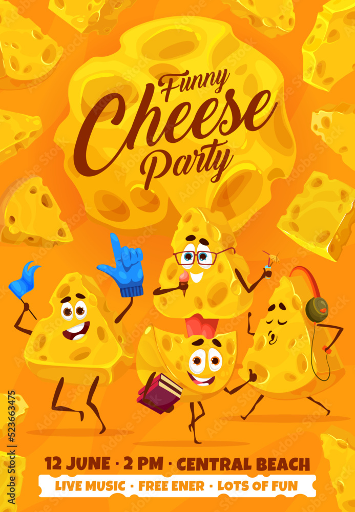 Cheese party flyer, cartoon maasdam and gouda cheese characters. Vector ...