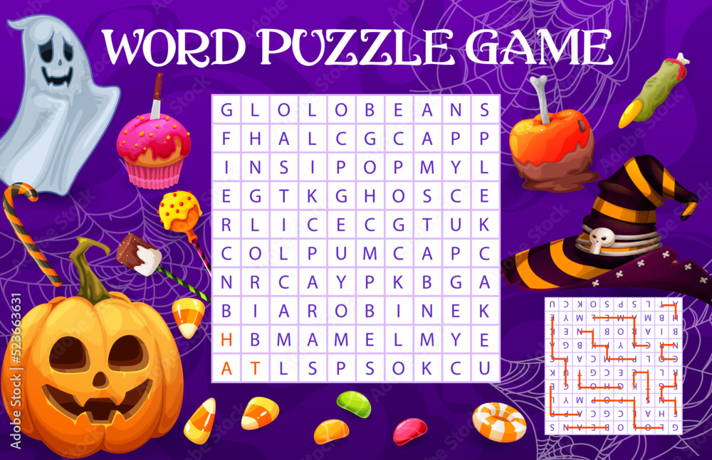 Vecteur Stock Word search puzzle quiz game of Halloween holiday sweets ...