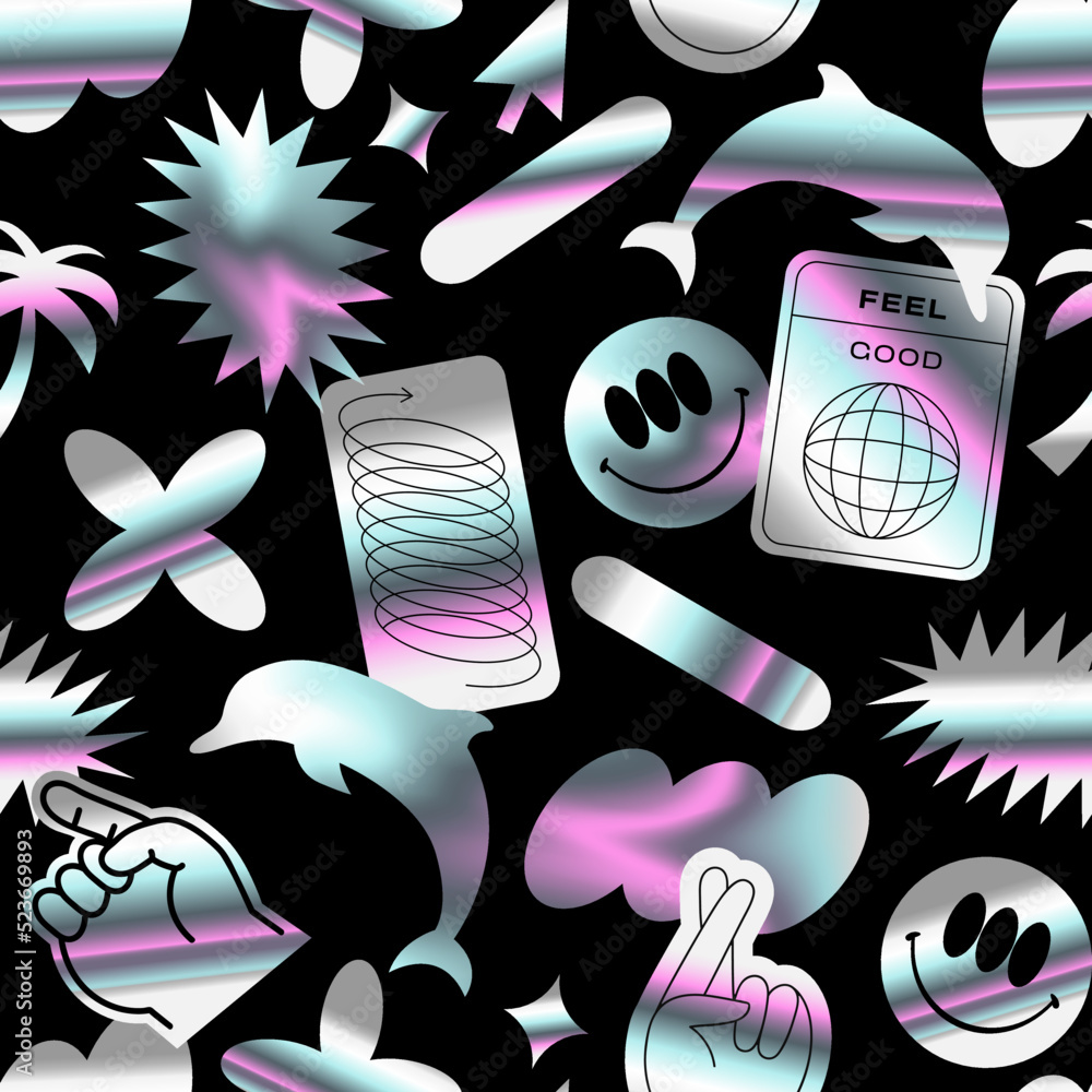 Trendy retro y2k holographic sticker seamless pattern illustration. Modern 90s style abstract ...