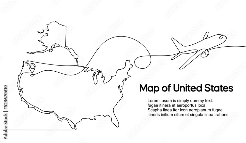 Continuous one line drawing of United States domestic aircraft flight ...