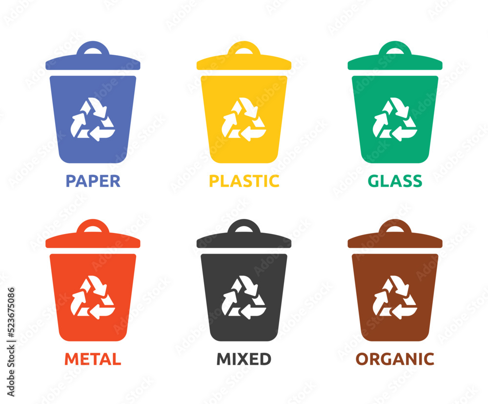 Waste sorting icon vector set illustration. Symbol of separate bin, trash can and disposal ...