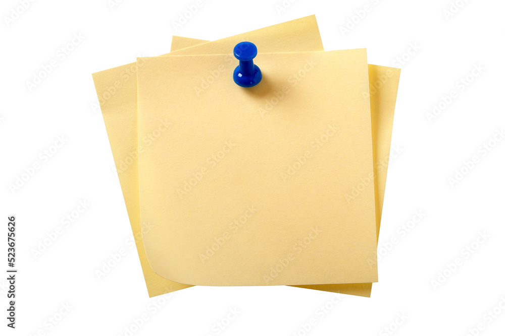 Untidy stack of yellow sticky post it note with pushpin isolated ...