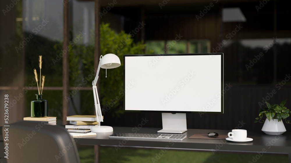 Modern stylish workspace interior design with modern PC computer mockup ...