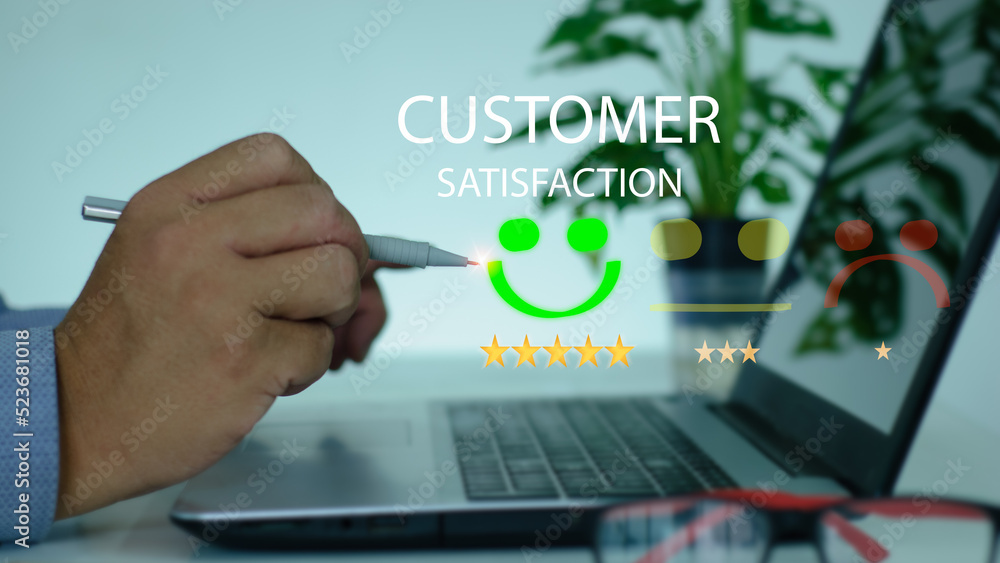 Customer Service Assessment Concept. Businessman pressing face smiley ...