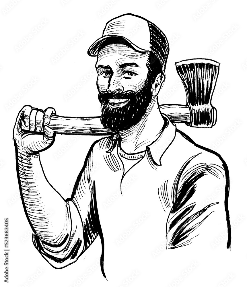 Canadian lumberjack with axe. Ink black and white drawing Stock ...