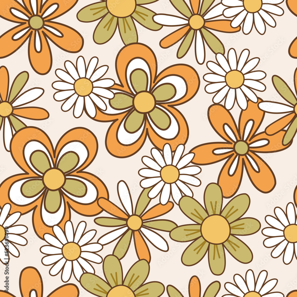 Seamless pattern retro 70s hippie. Background with cute flower in ...