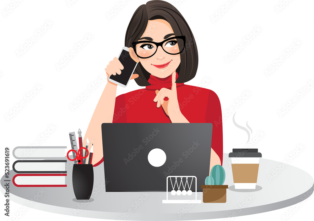 women in red sweater working on laptop cartoon Stock Illustration ...
