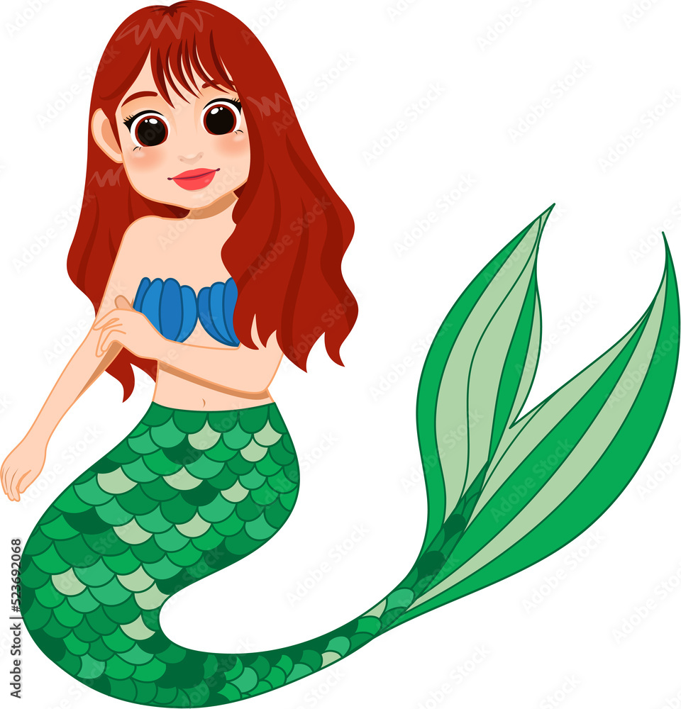 Cartoon character with cute mermaid princess with colorful hair and ...
