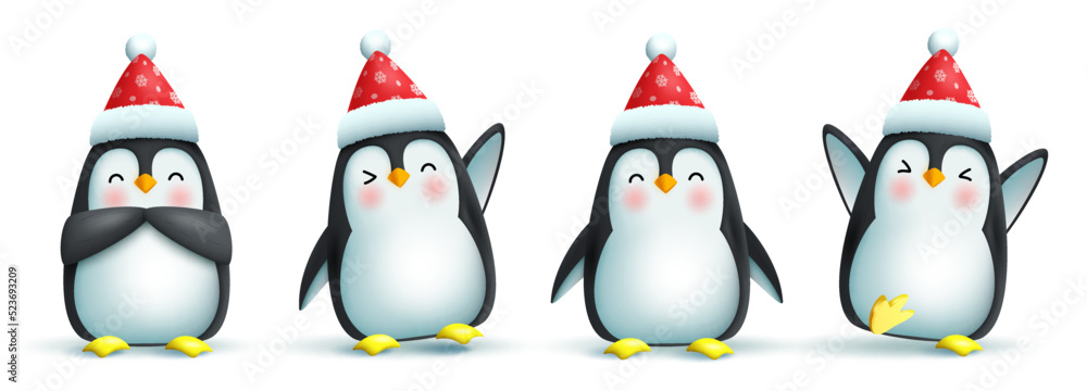 Penguin christmas characters vector set. 3d penguin character in ...