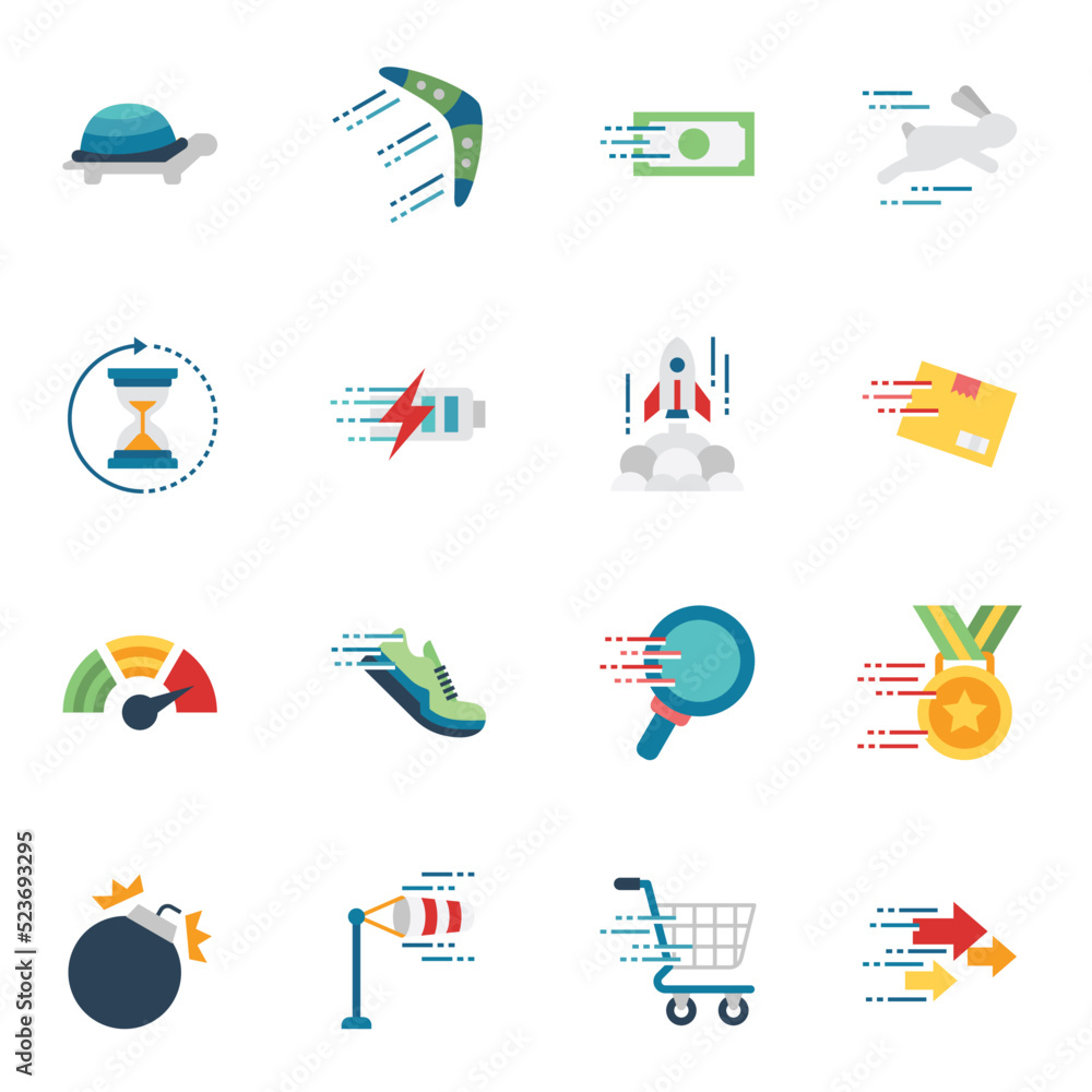 Motion and speed flat icons set 1. Slow and fast vector signs. Stock ...