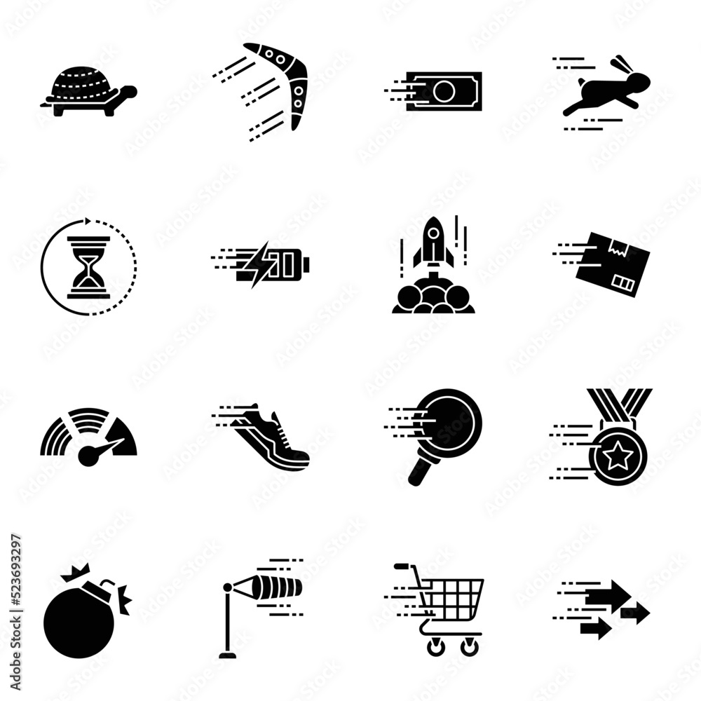 Motion and speed black glyph icons set 1. Slow and fast vector signs ...