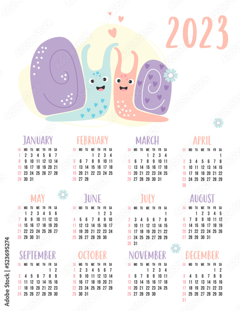 Yearly calendar for 2023 with happy couple of cute snails in love ...