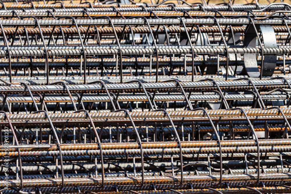 Reinforcing cages for bored piles stacked at the construction site ...