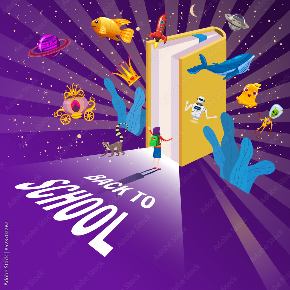 Welcome Back to school, Book Inspiration poster. Kids space imagination ...