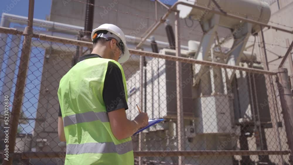 Voltage Transformer. The engineer is working on the transformer in the ...