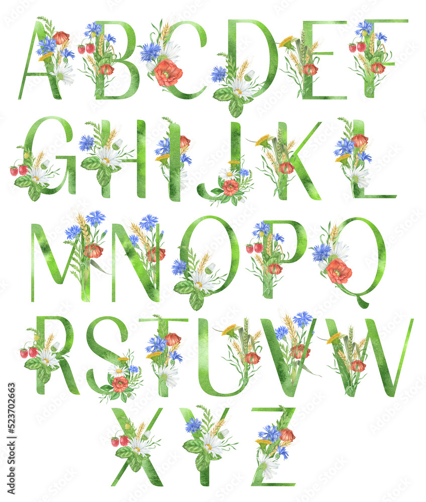 Set of hand painted watercolor alphabet isolated on white background ...