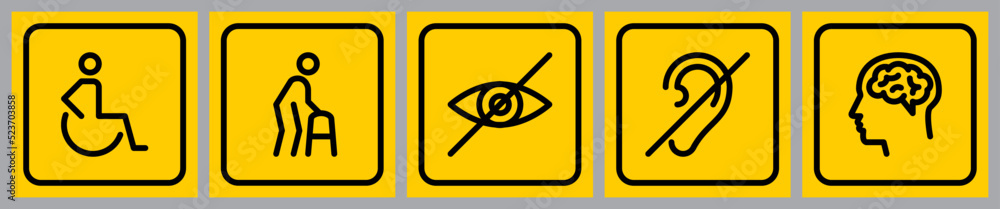 Set of vector disabled signs on yellow backgrounds.Handicapped man ...