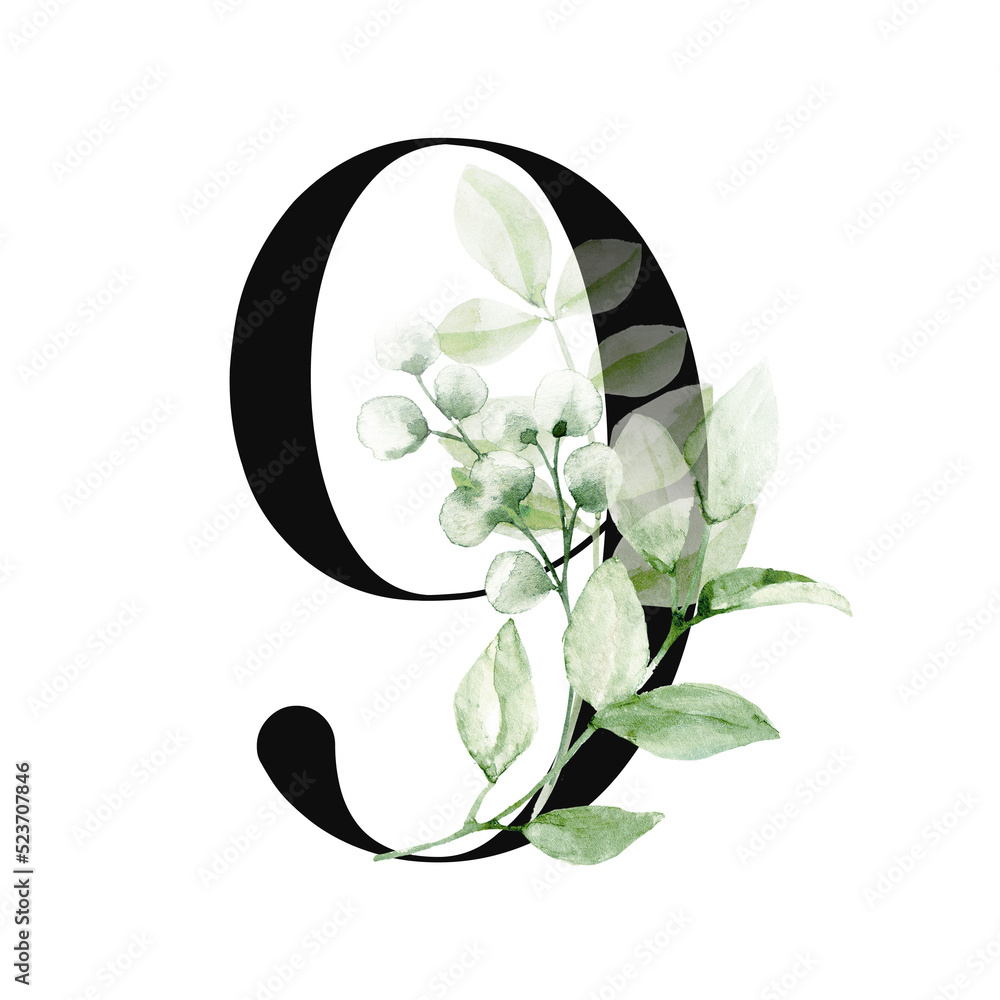 Number 9 with watercolor leaf. Perfectly for wedding invitations ...